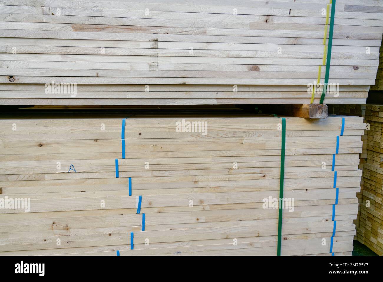 Stacked timber. Timbers ready for sale on the timber site. Withstanding ...