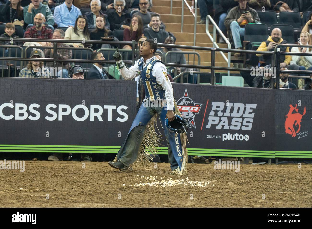 NEW YORK, NEW YORK - JANUARY 08: Ezekiel Mitchell rides White Face ...
