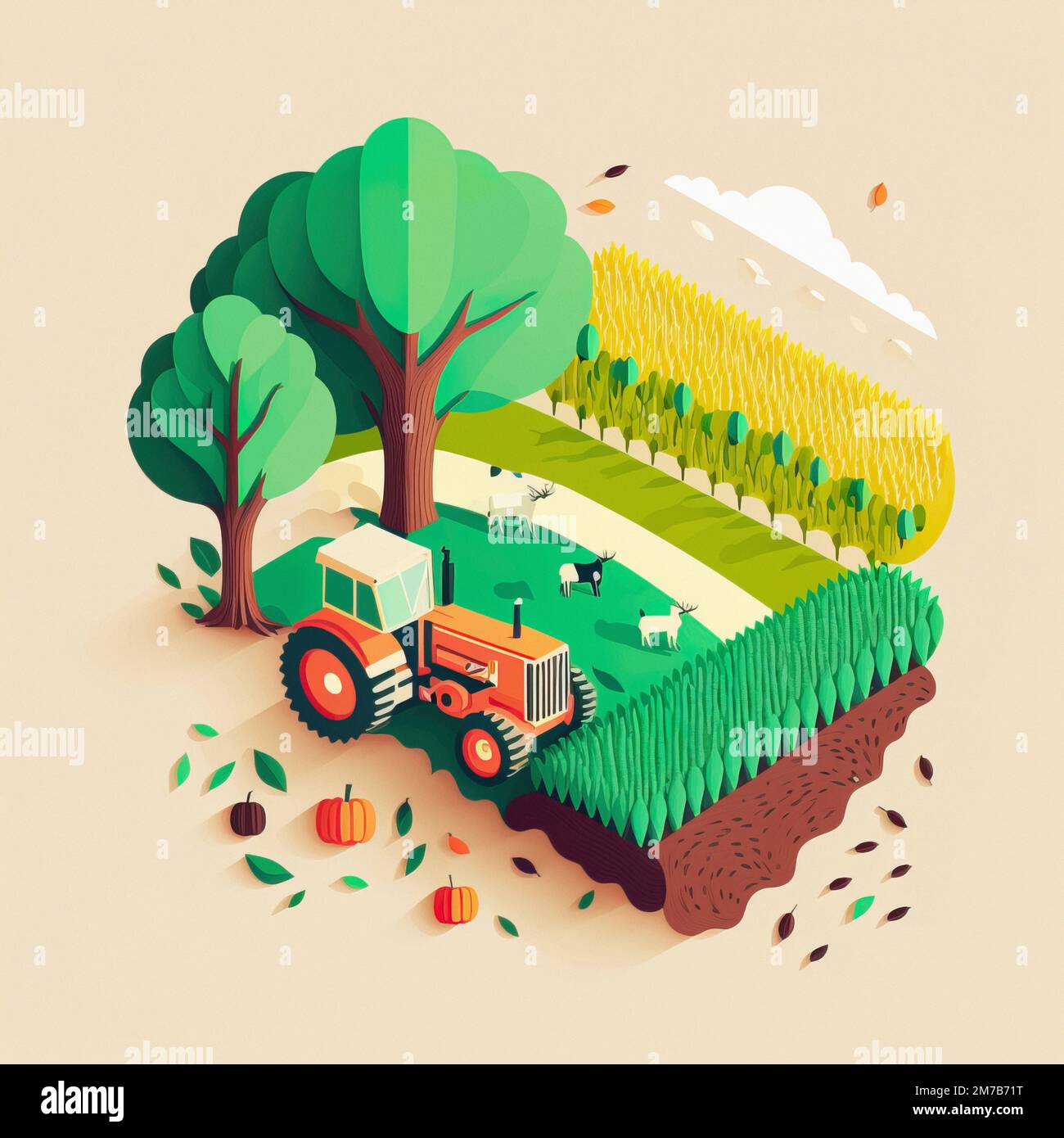 Agricultural image of a tractor plowing field in a rural landscape ...