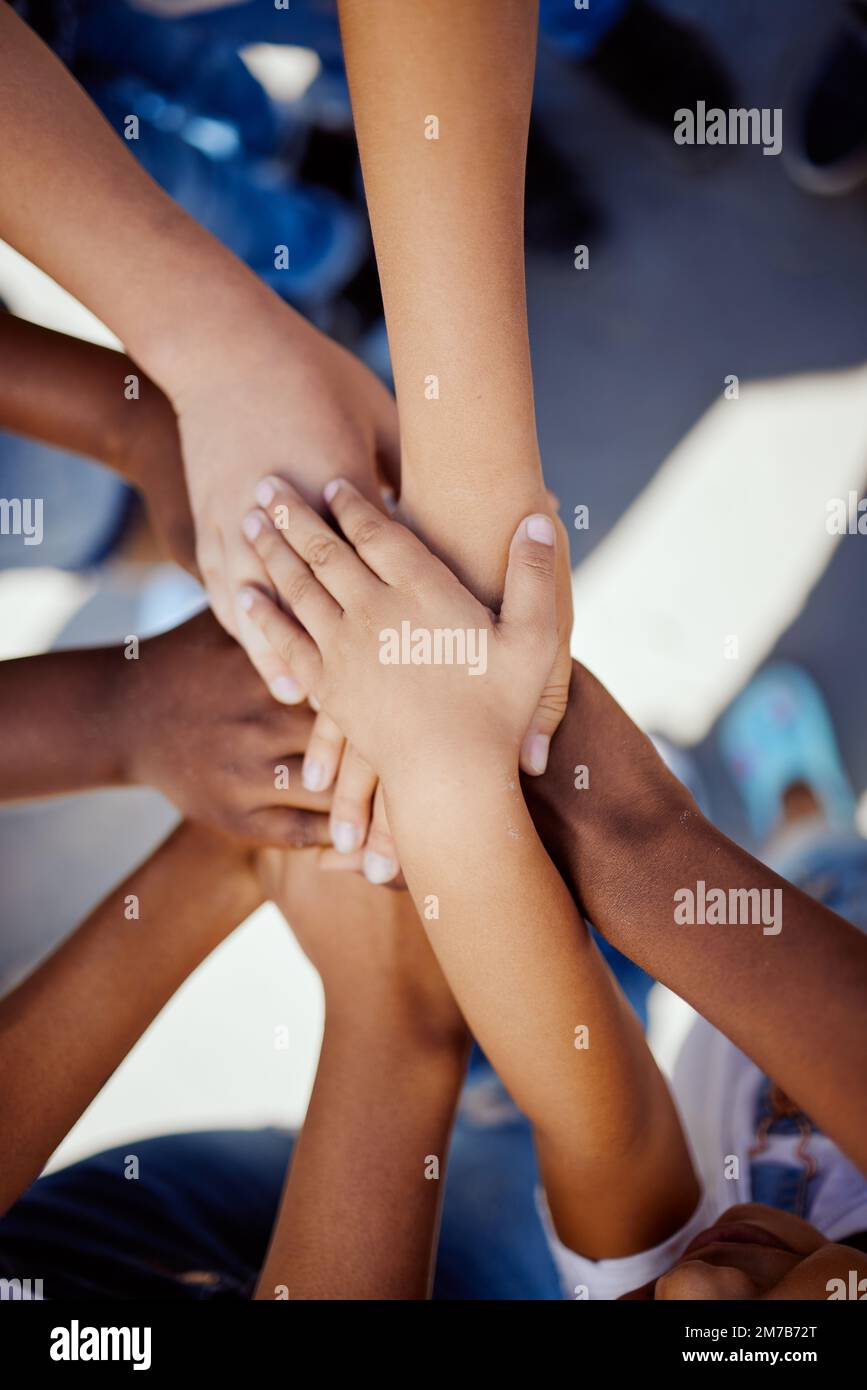 Hands, together and support, children solidarity and trust, commitment ...