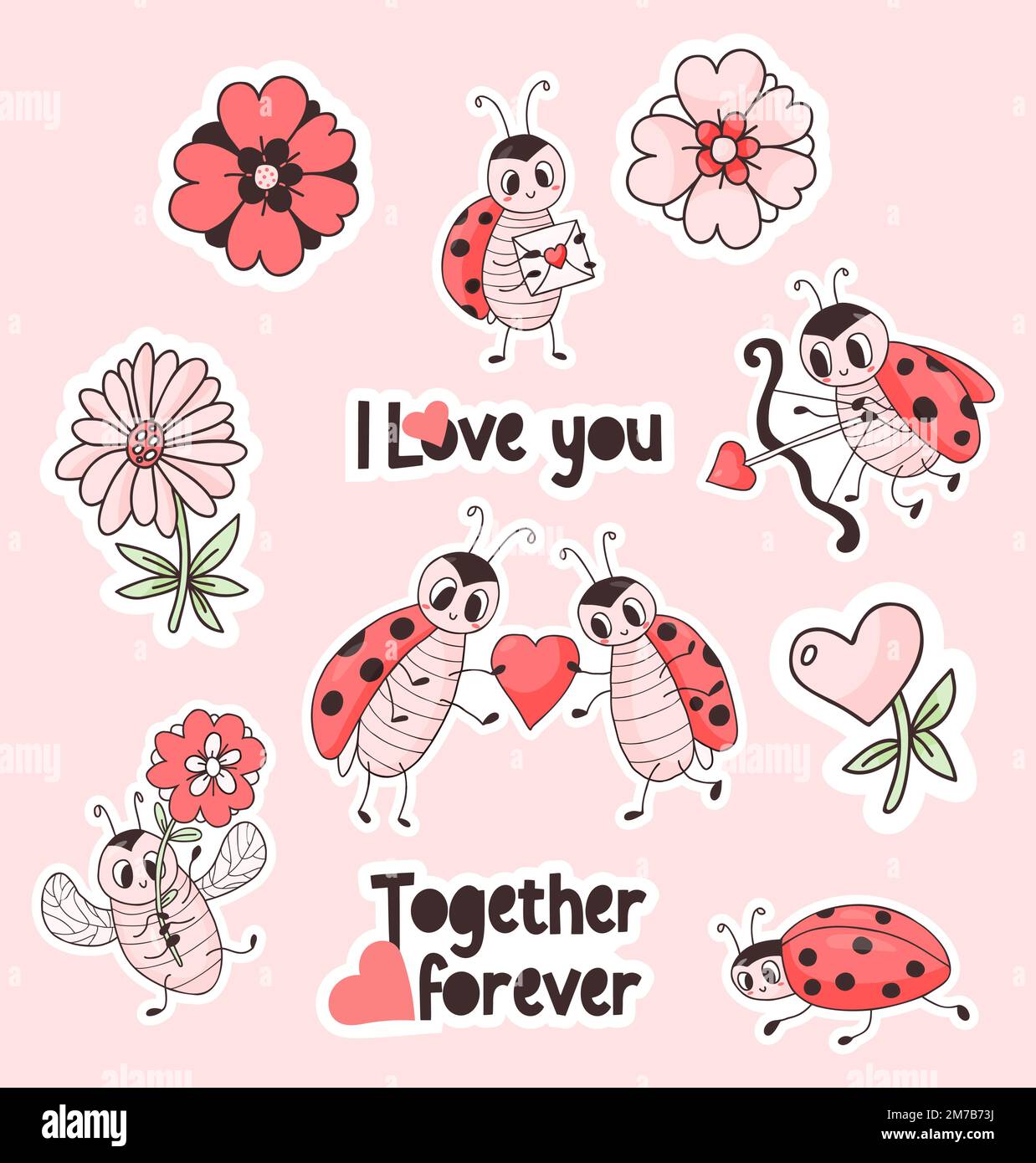 Collection stickers ladybug and love. Cute insect ladybird with flower ...