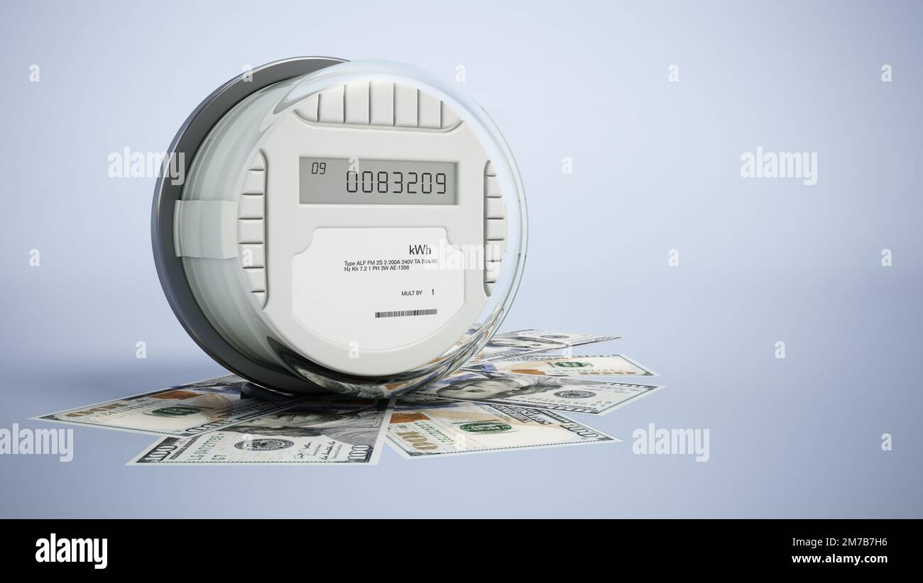 Electricity meter standing on dollar bills. 3D illustration Stock Photo ...