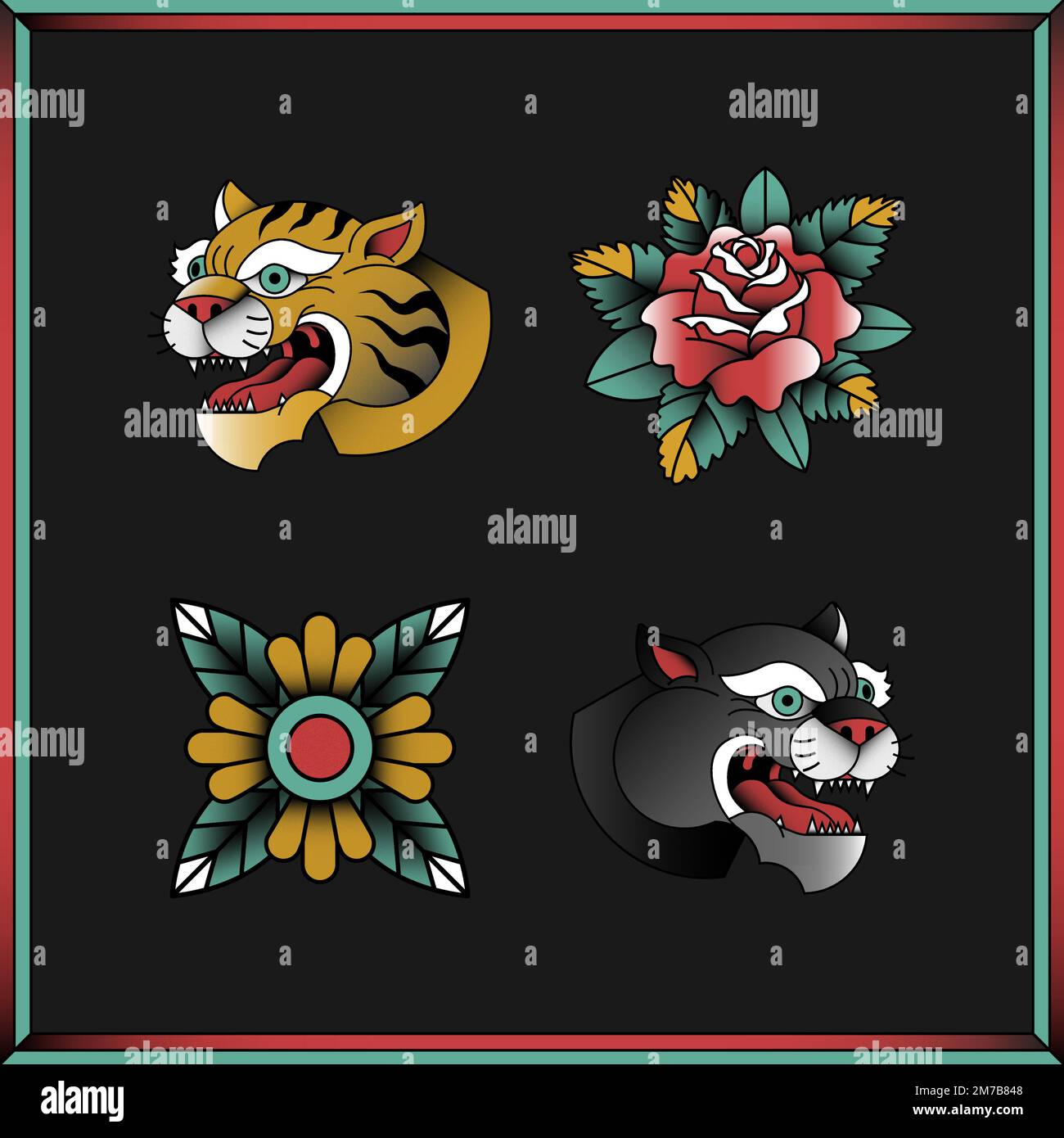 Traditional old school sticker set isolated on a black background ...