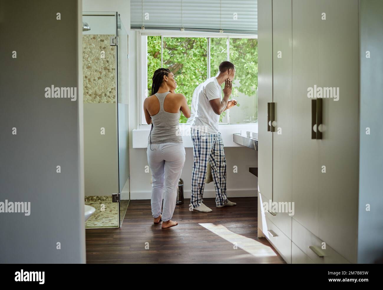 Black couple, morning and bathroom routine together for hygiene ...