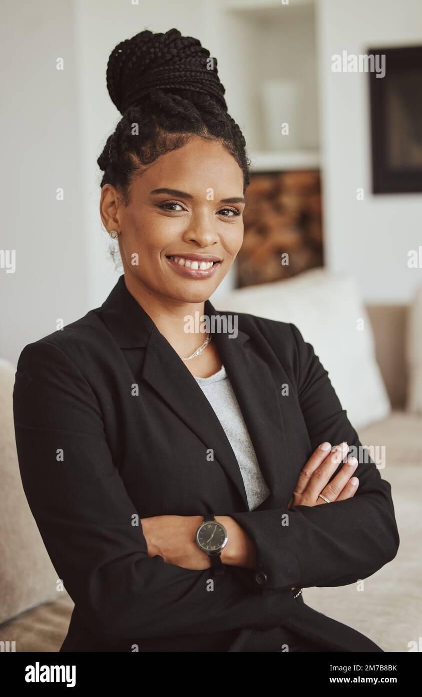 Black business woman, smile portrait and success vision in office for ...
