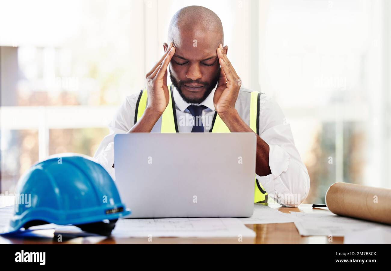 Headache, laptop and architect man stress, pain and mental health ...