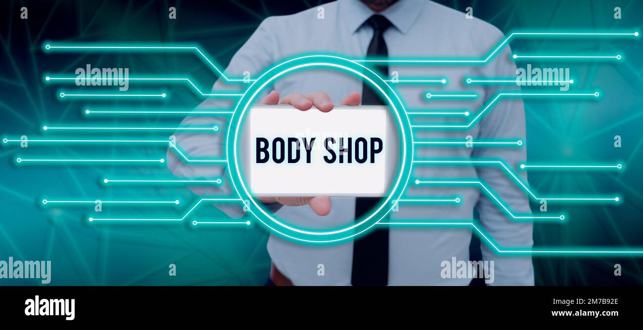 Writing displaying text Body Shop. Conceptual photo a shop where ...