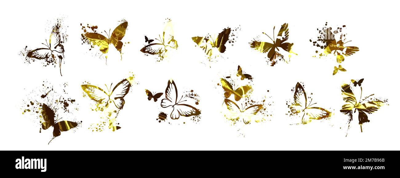 Set of golden butterflies on a white background. Vector illustration ...