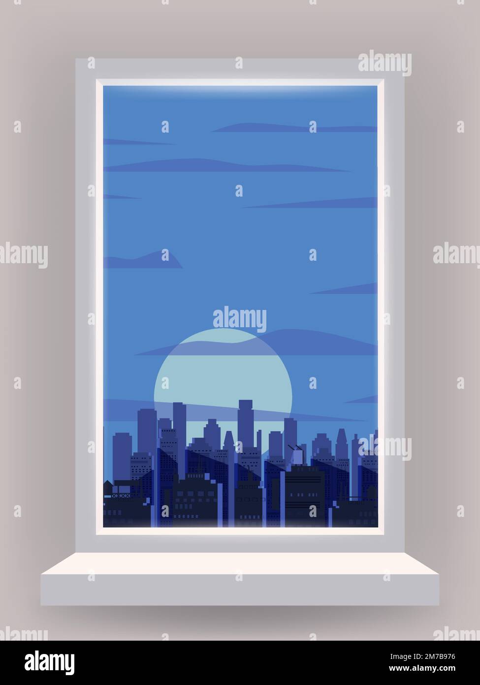 Window view interior, night city, skyscrapers, buildings, moon Stock ...
