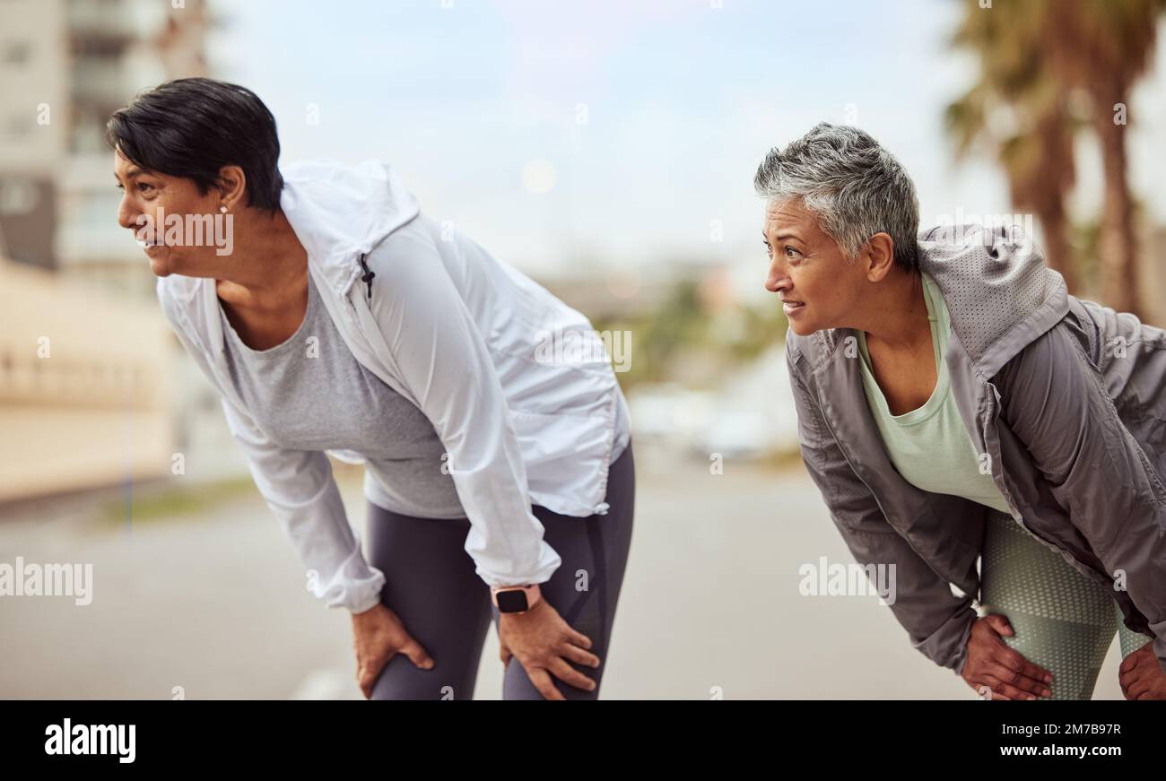 Tired, running and friends with women in city training for stamina ...