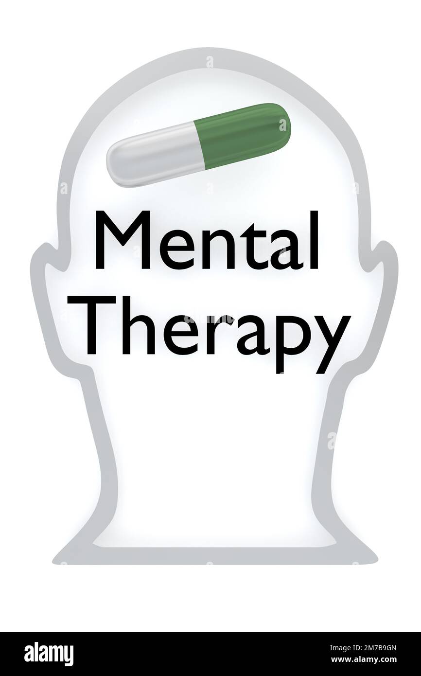 3D illustration of a medical pill in a human head silhouette, titled as ...