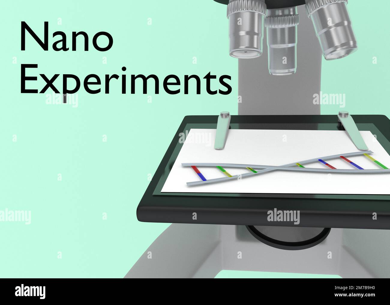3D illustration of a microscope with DNA double helix and Nano ...
