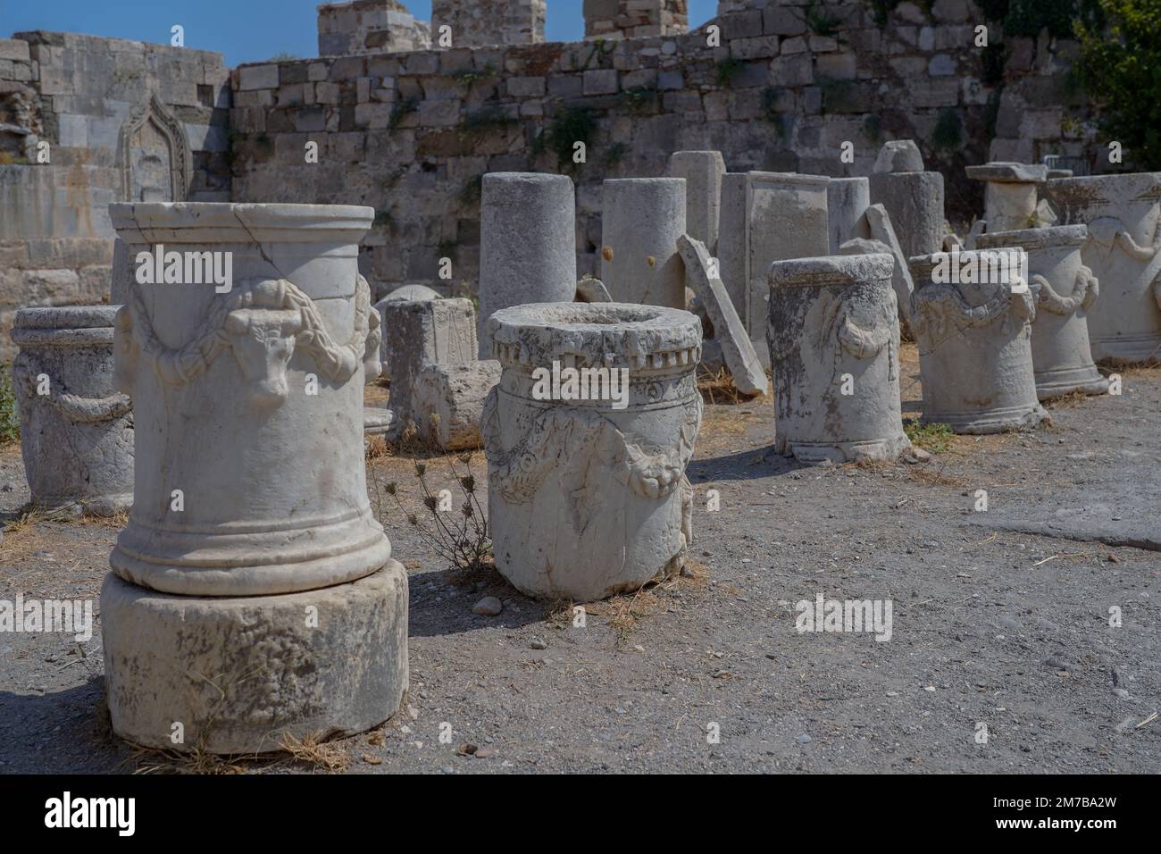 A scenic view of ancient historical pedestals in a ruined castle in ...