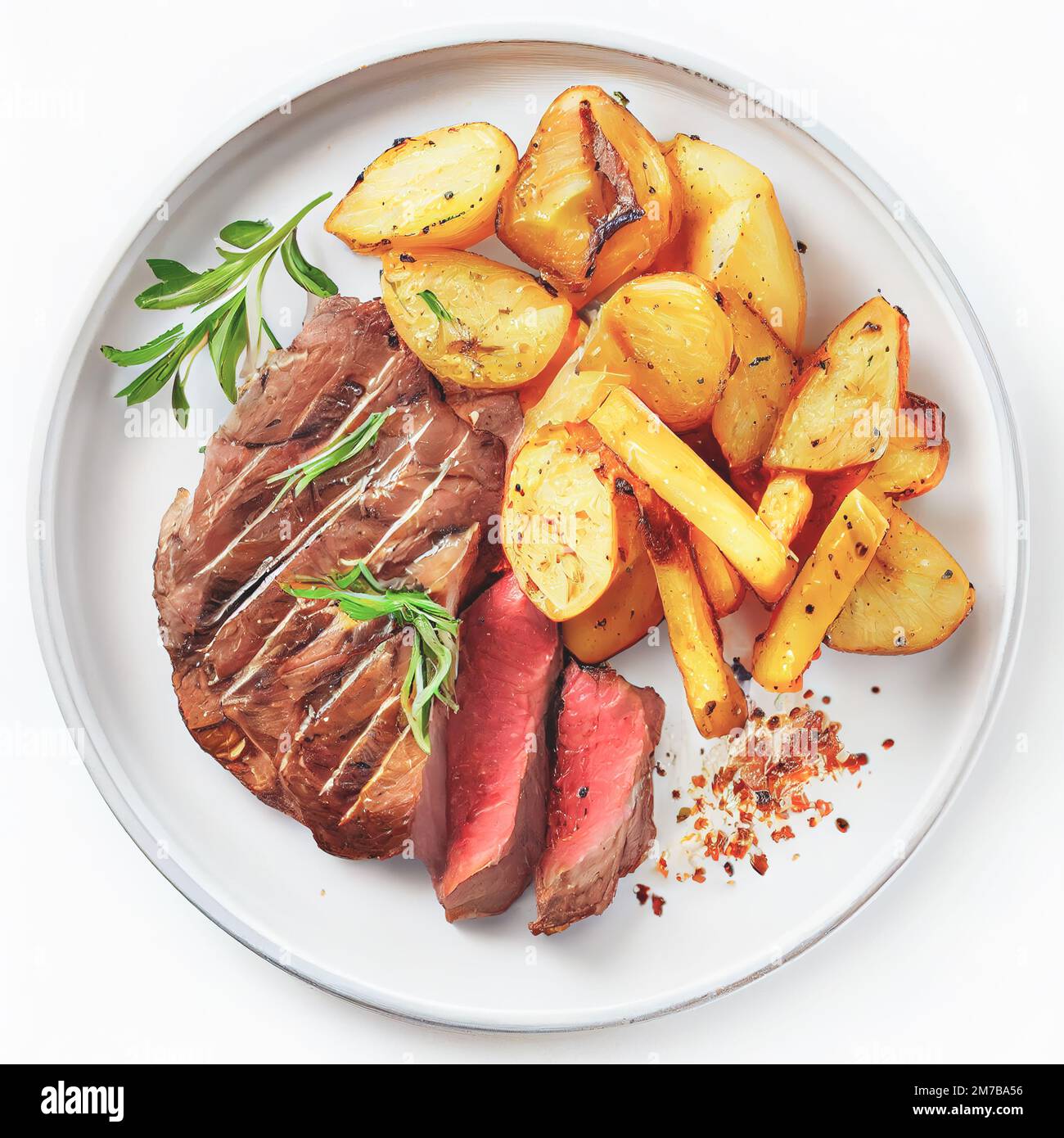 Close up shot of top view grilled beef steak and potatoes isolated on ...