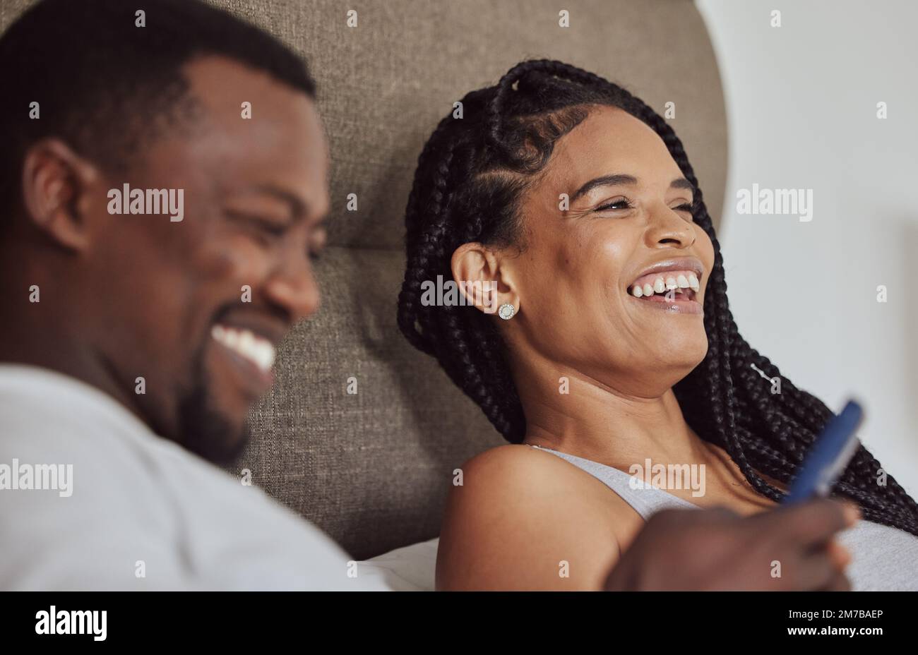 Happy Love And Black Couple On A Smartphone In Bed Browsing On Social