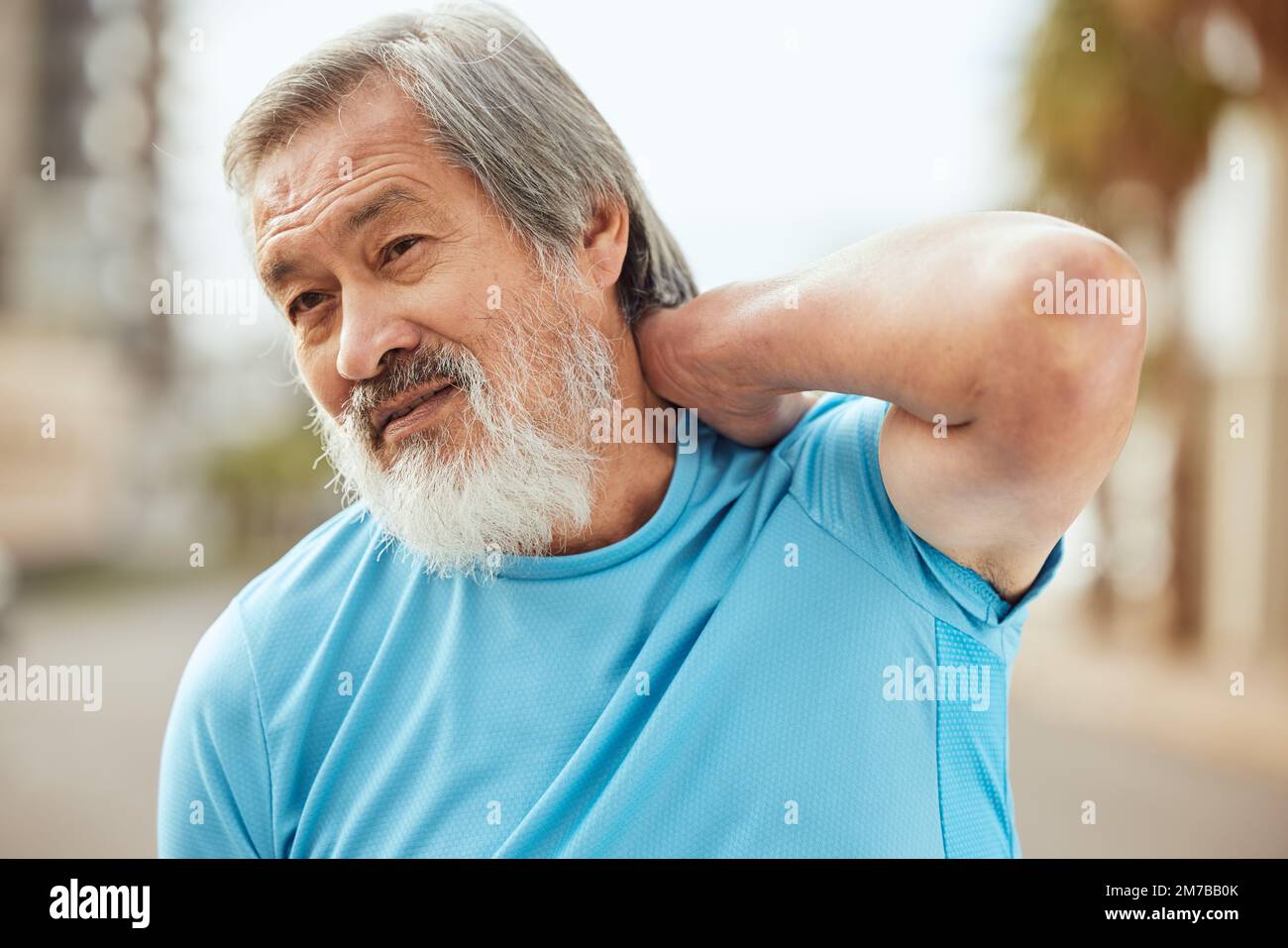 Senior man, face and fitness back pain fitness outdoor for exercise ...