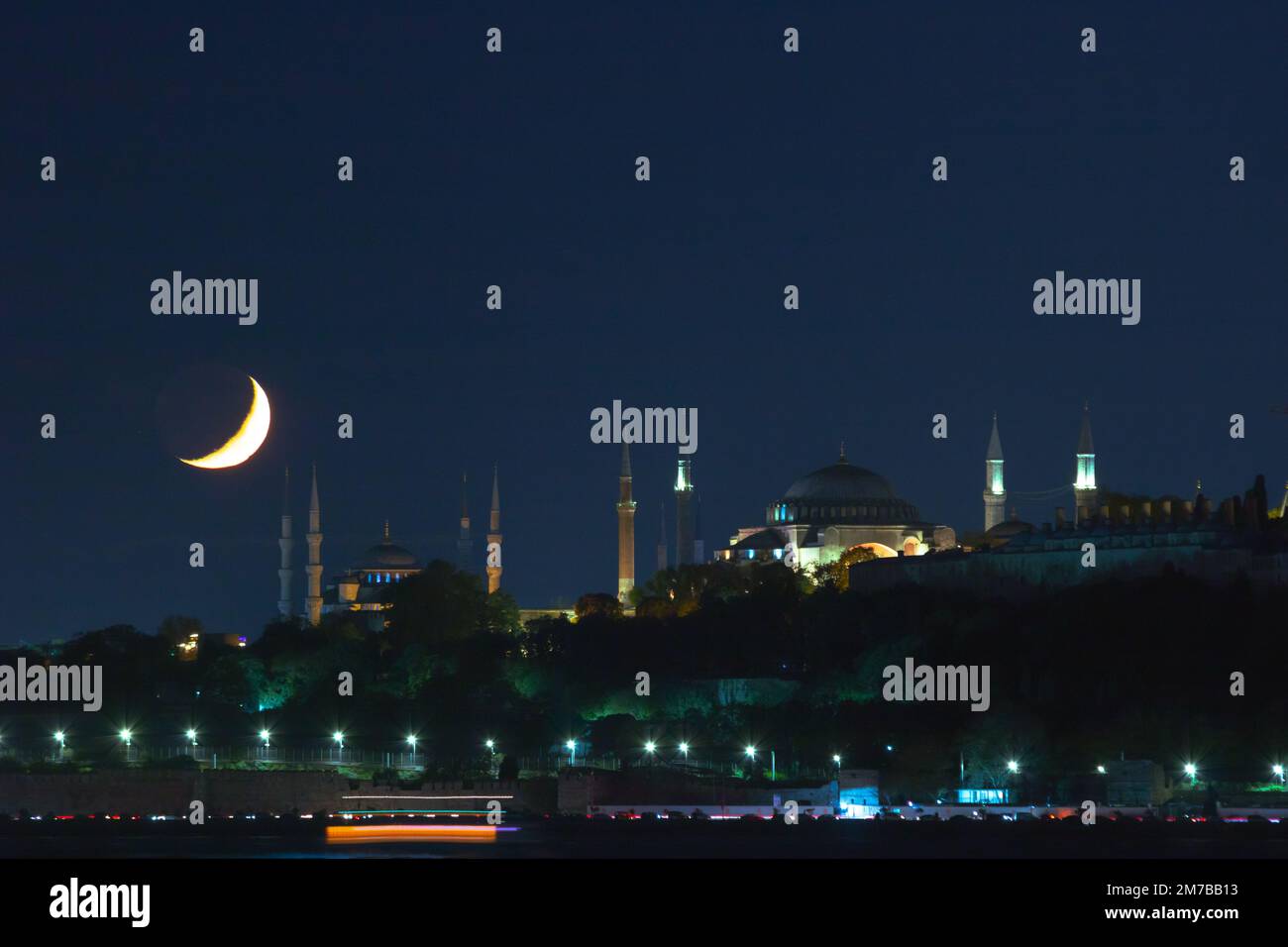 Crescent moon with Sultanahmet and Hagia Sophia mosques in Istanbul ...