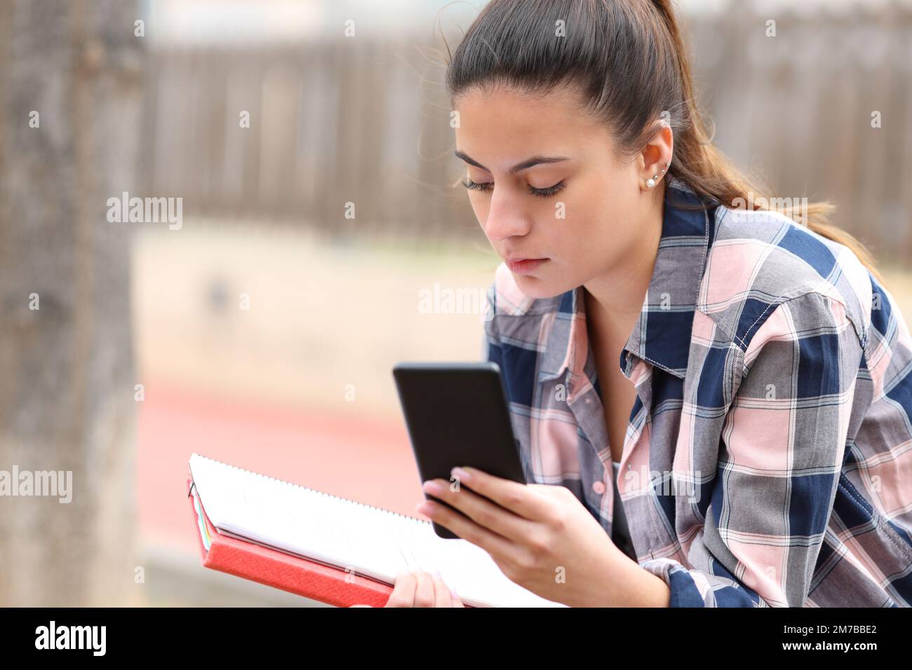 Student studying using notes and phone in a park Stock Photo - Alamy
