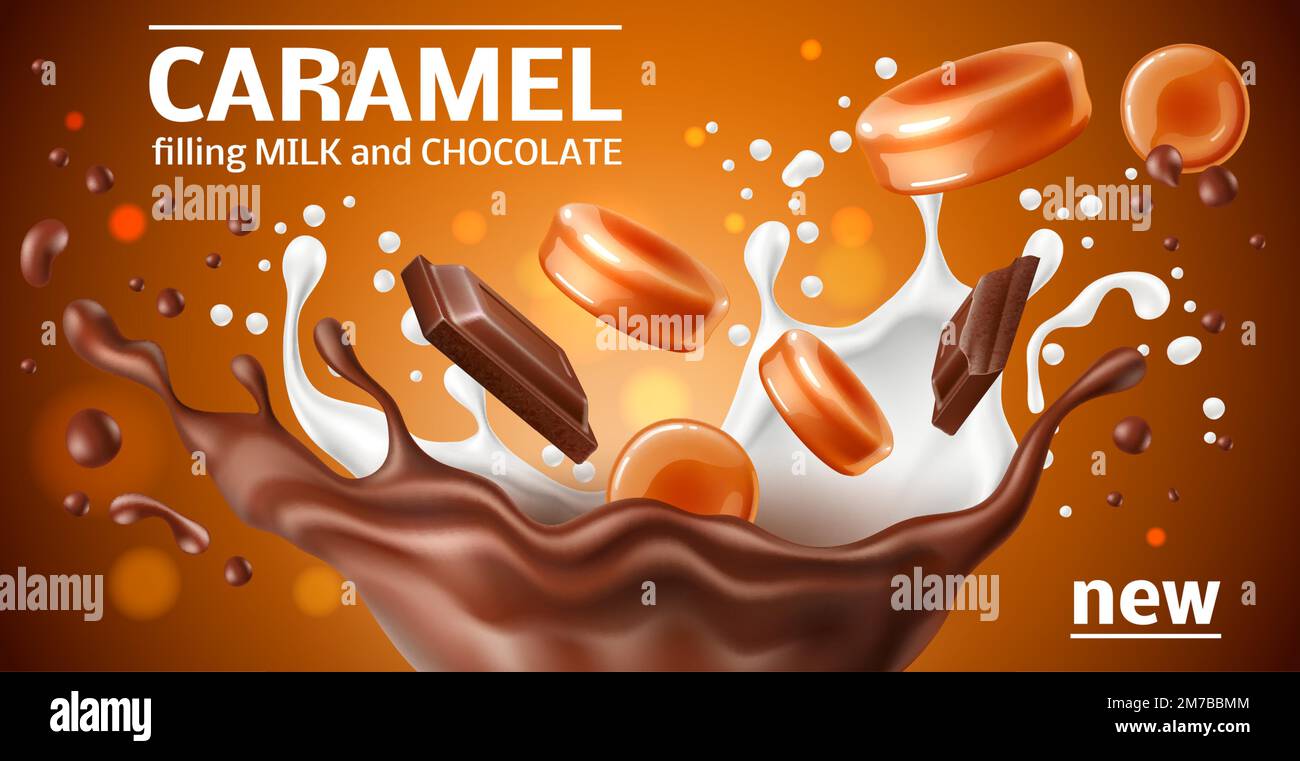 Realistic caramel poster. 3d round candies and cubes, sweet chocolate ...