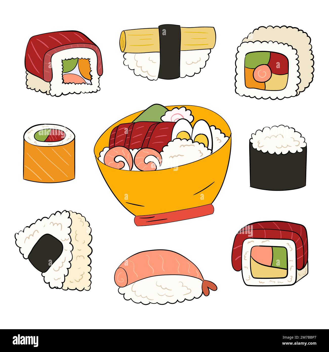 Sushi set, onigiri, poke bowl. vector illustration on a white ...