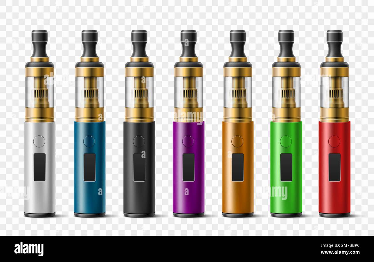 Realistic electronic cigarettes. Different colors vaporizers, bright ...