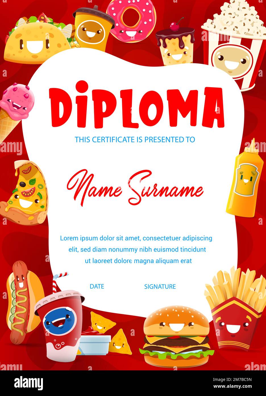 Kids diploma funny cartoon takeaway fast food characters. Vector frame ...