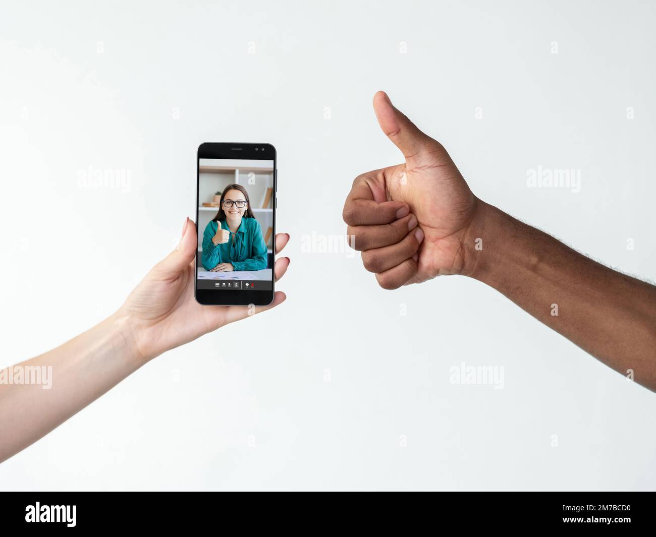 internet feedback satisfied business woman phone Stock Photo - Alamy