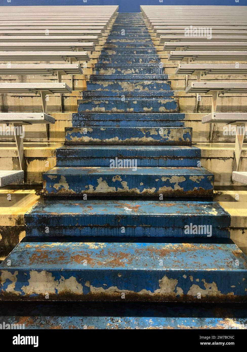 A vertical shot of the staircase and empty seats at Foley Stadium ...