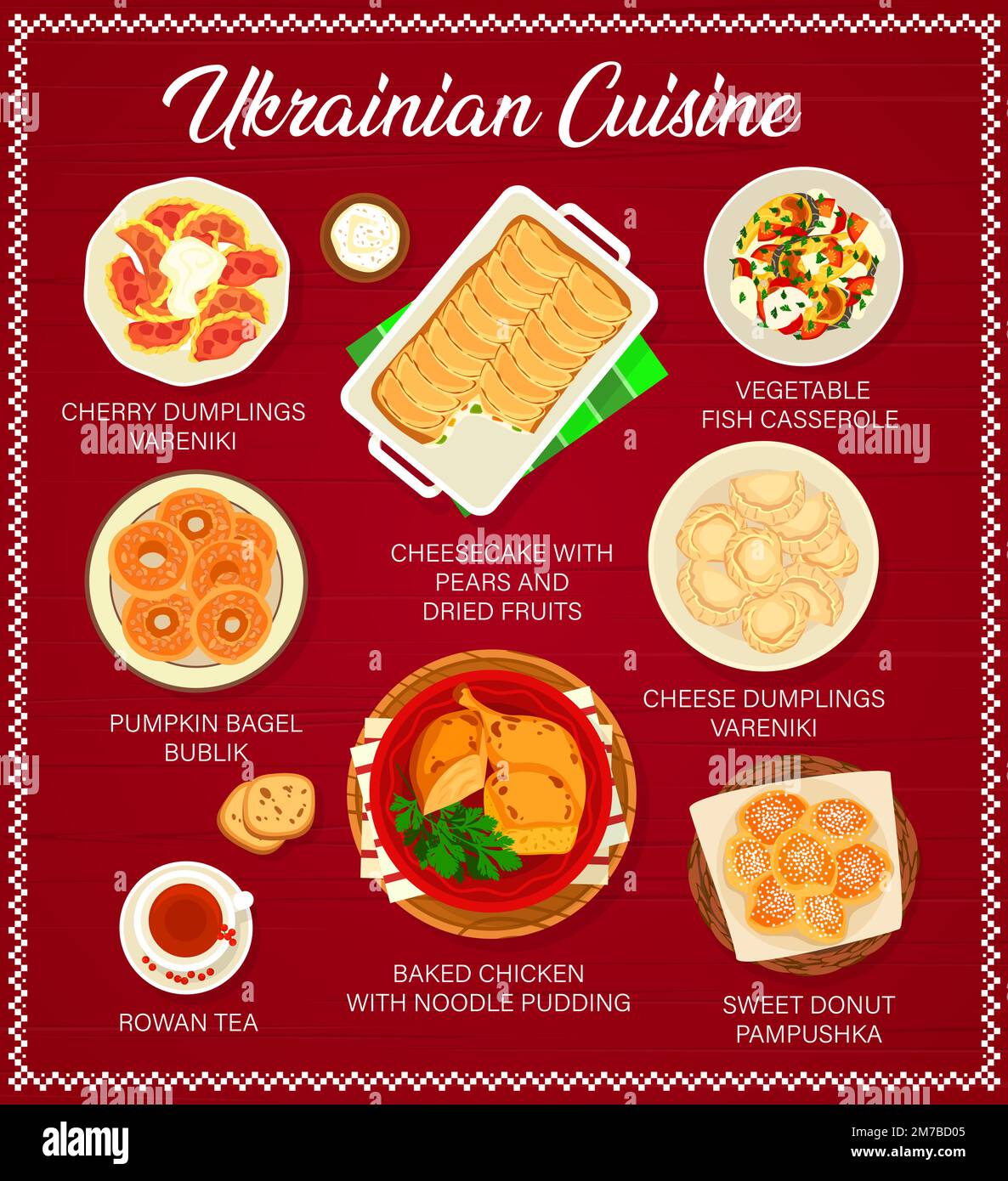 Ukrainian cuisine vector menu with vegetable, meat and fish food ...