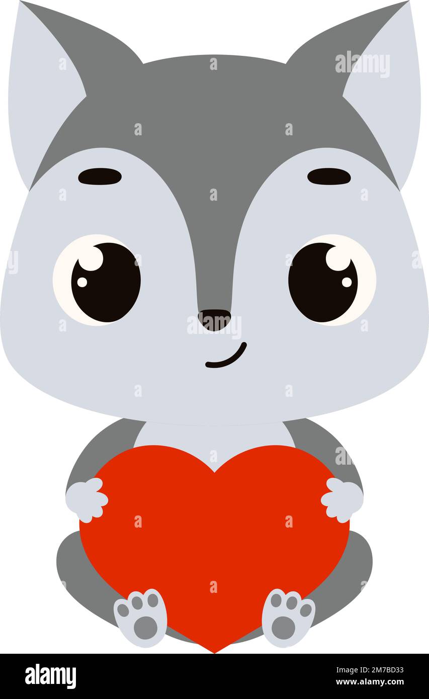 Cute little sitting wolf holds heart. Cartoon animal character for kids ...