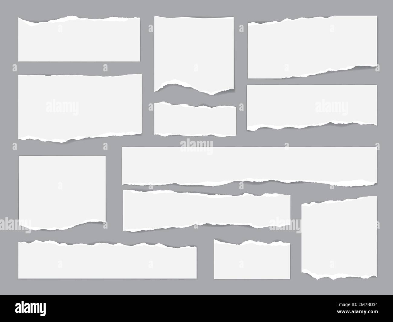 White paper rips, torn page pieces and scrap shreds, notebook ripped ...
