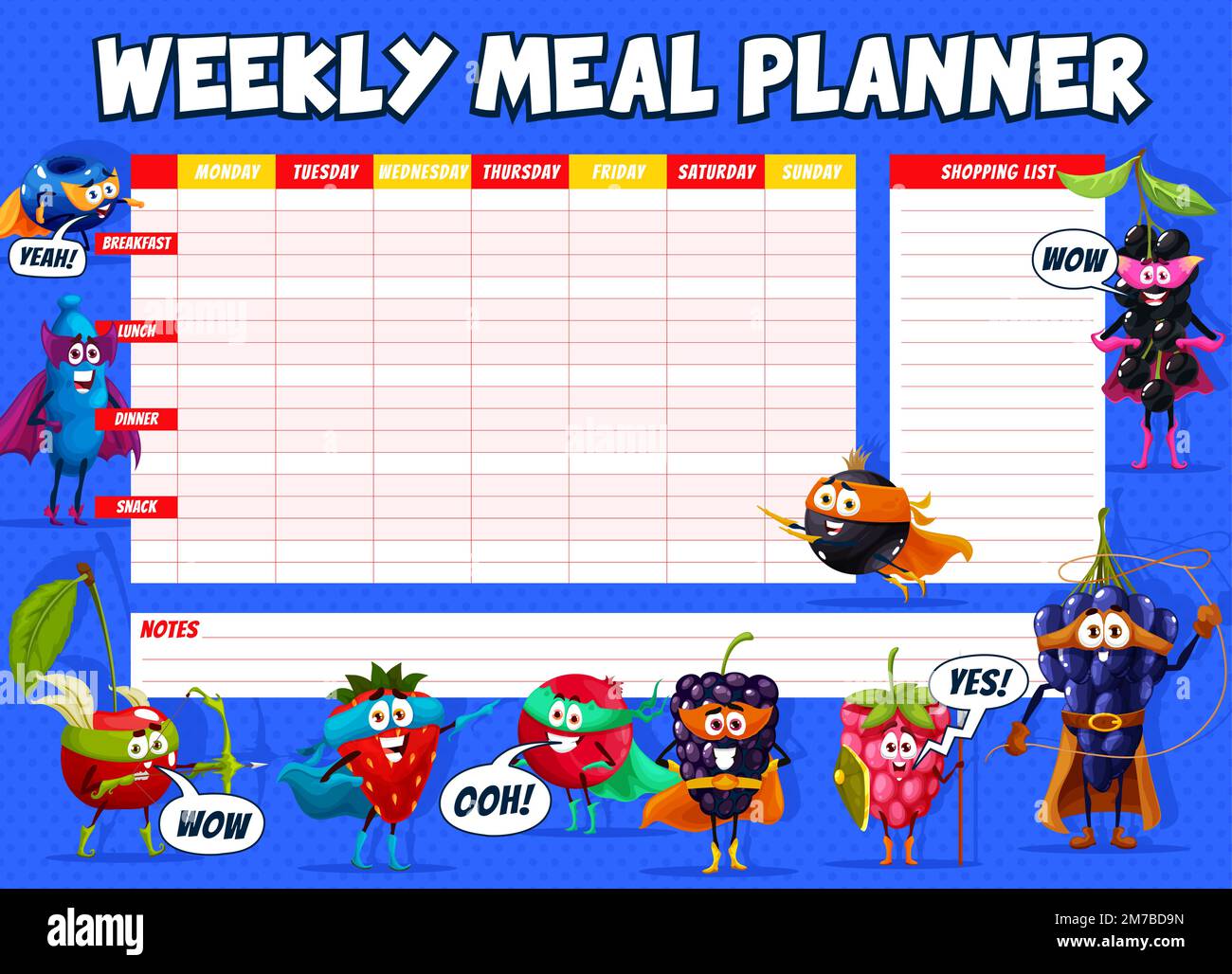 Weekly meal planner, cartoon superhero berry characters. Vector food ...
