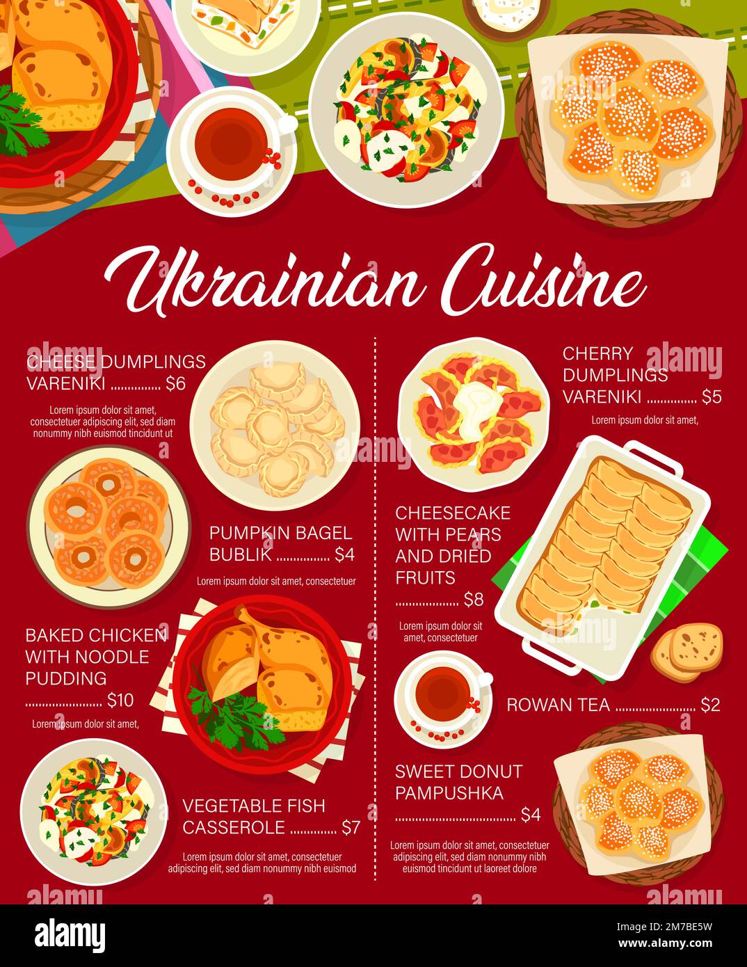 Ukrainian cuisine menu with vector dishes of vegetable dumplings ...
