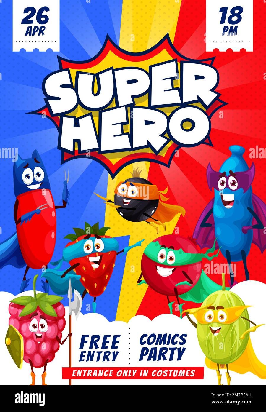 Cartoon superhero berry characters retro flyer. Vector invitation ...