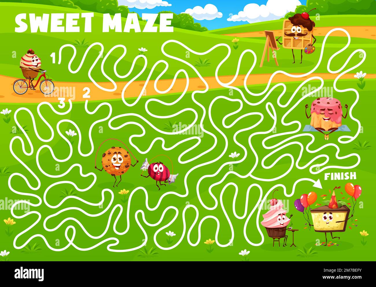 Labyrinth maze game, cartoon dessert sweet cookie and cake characters ...
