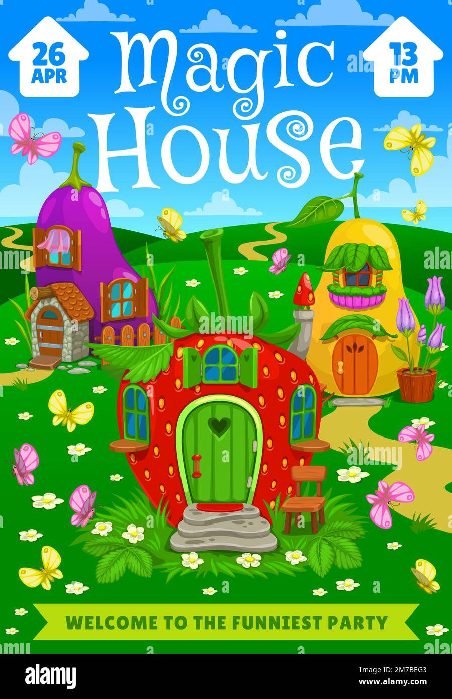 Kids party flyer, fairytale magic houses and dwellings, vector entertainment event poster. Kids ...
