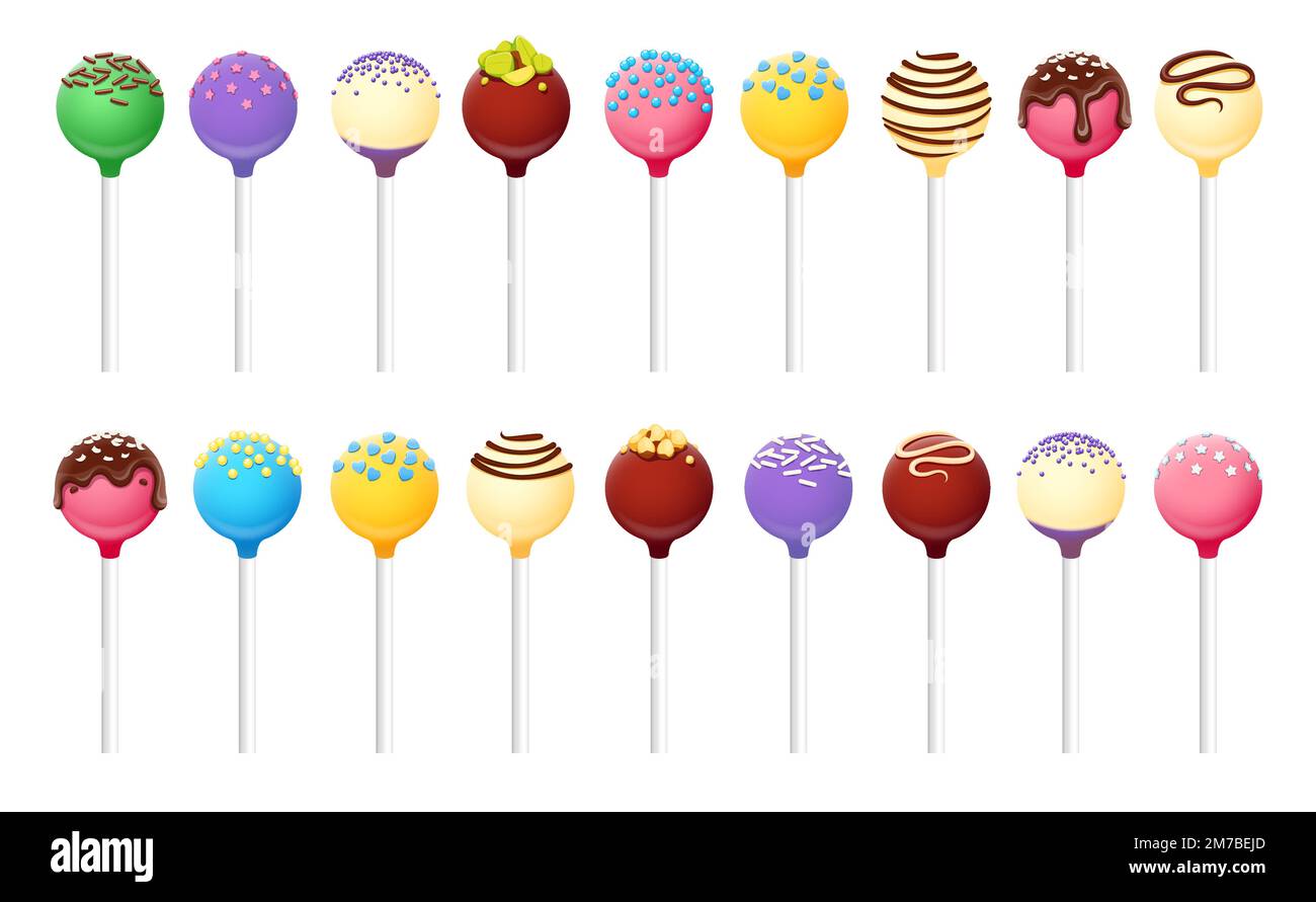 Cake pop, colorful sweet cookies on sticks isolated vector set. Caramel ...