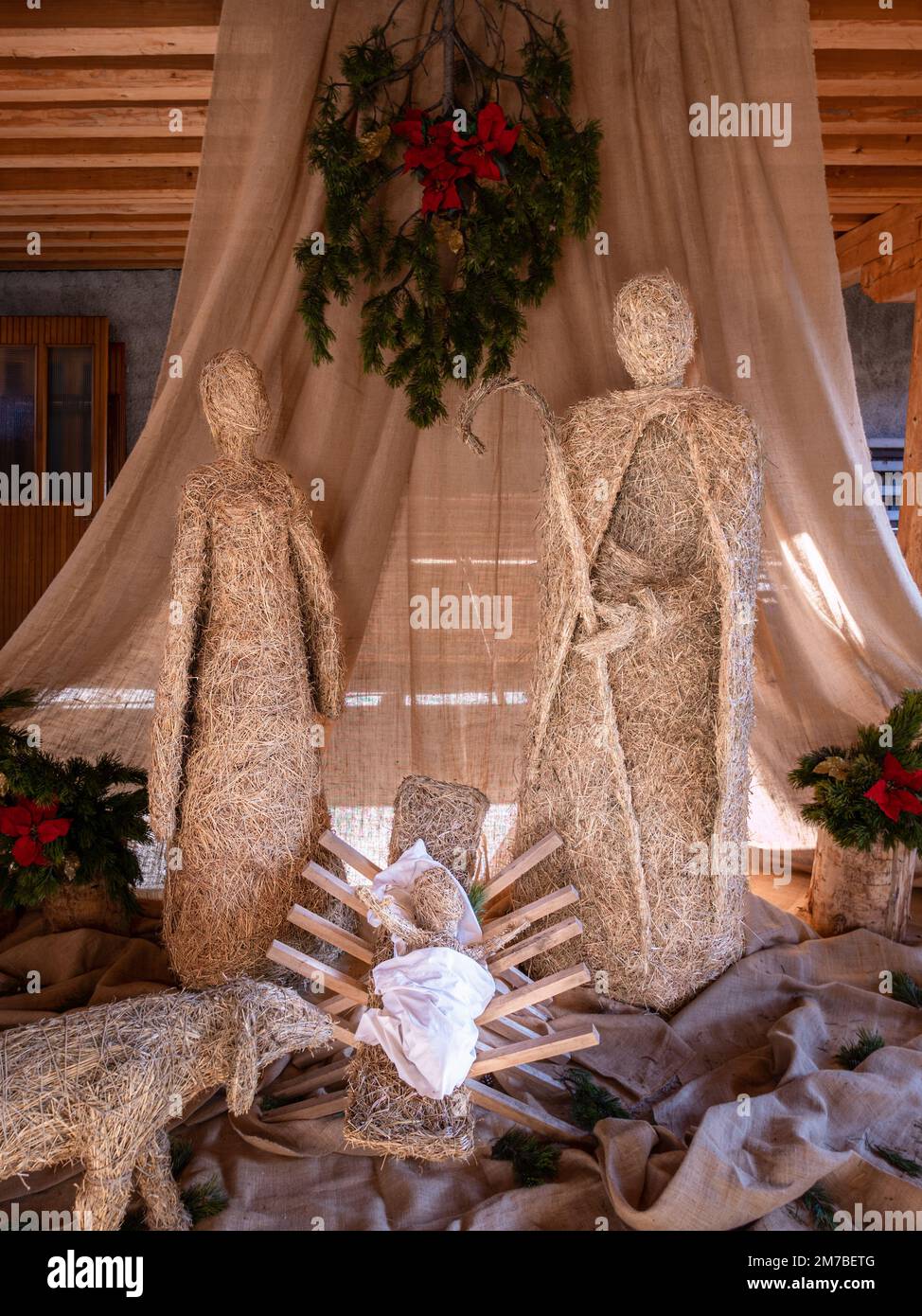 Sutrio, Italy - December 29, 2022: A straw hand-made Christmas nativity ...