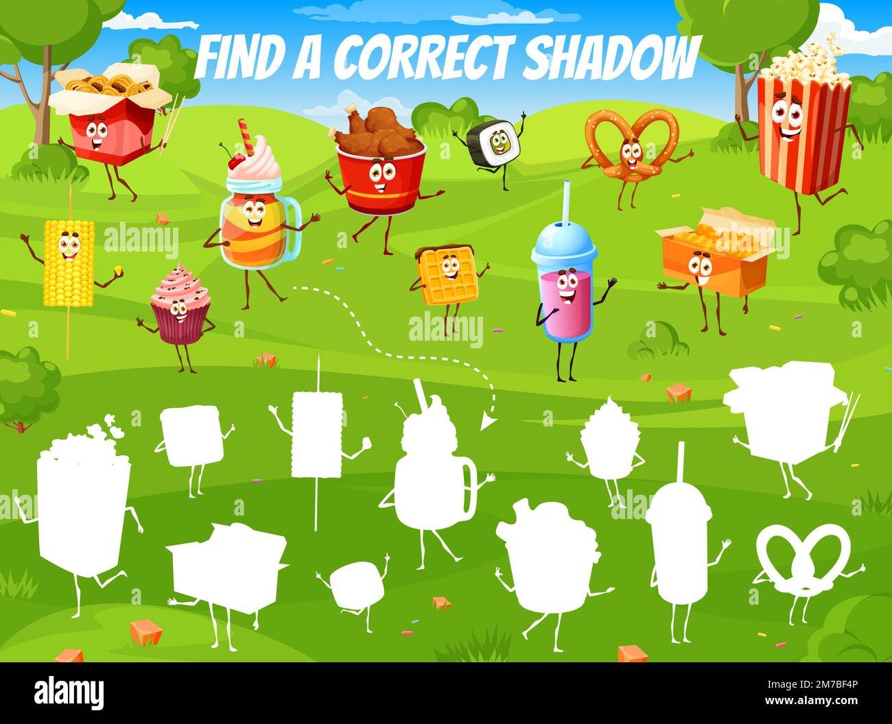 Find a correct shadow of cartoon fast food and desserts characters kids ...