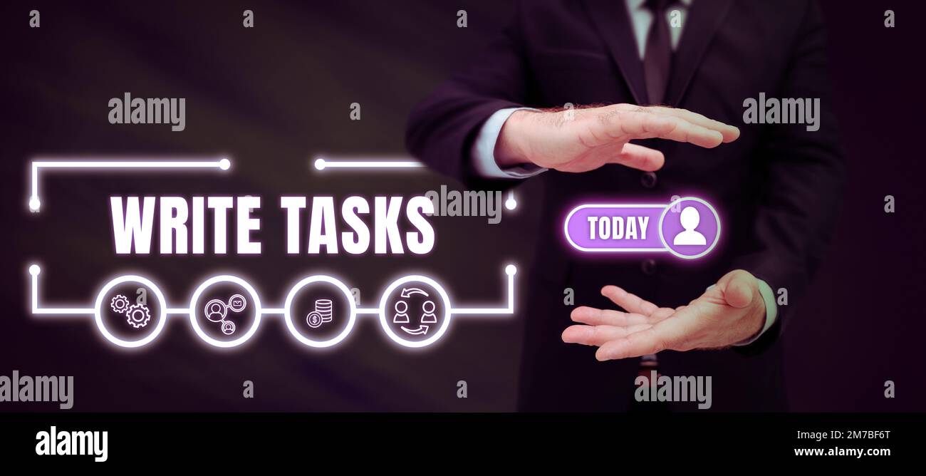 Text caption presenting Write Tasks. Word Written on assigned piece of ...