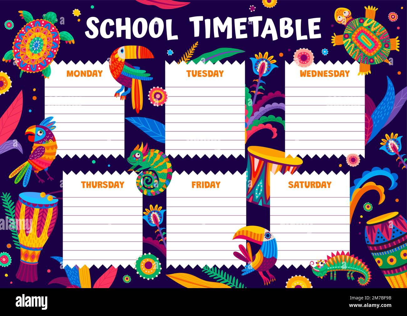 School timetable schedule with brazilian drums and mexican animals ...