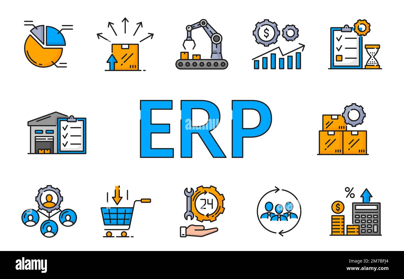 Color erp icons, enterprise resource planning infographics. Vector outline icons of production ...
