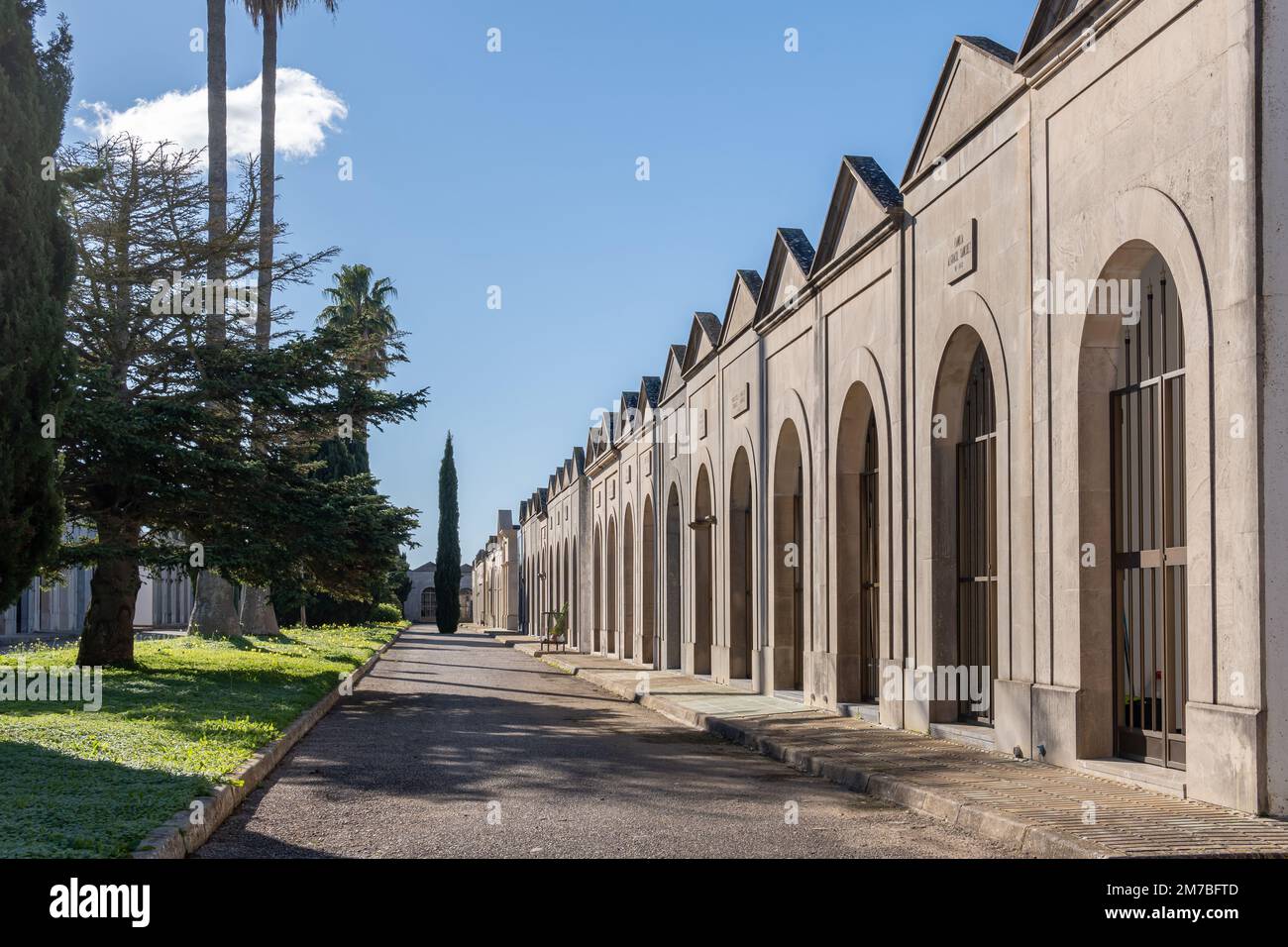 A Catholic Christian cemetery on a sunny morning. Island of Mallorca ...