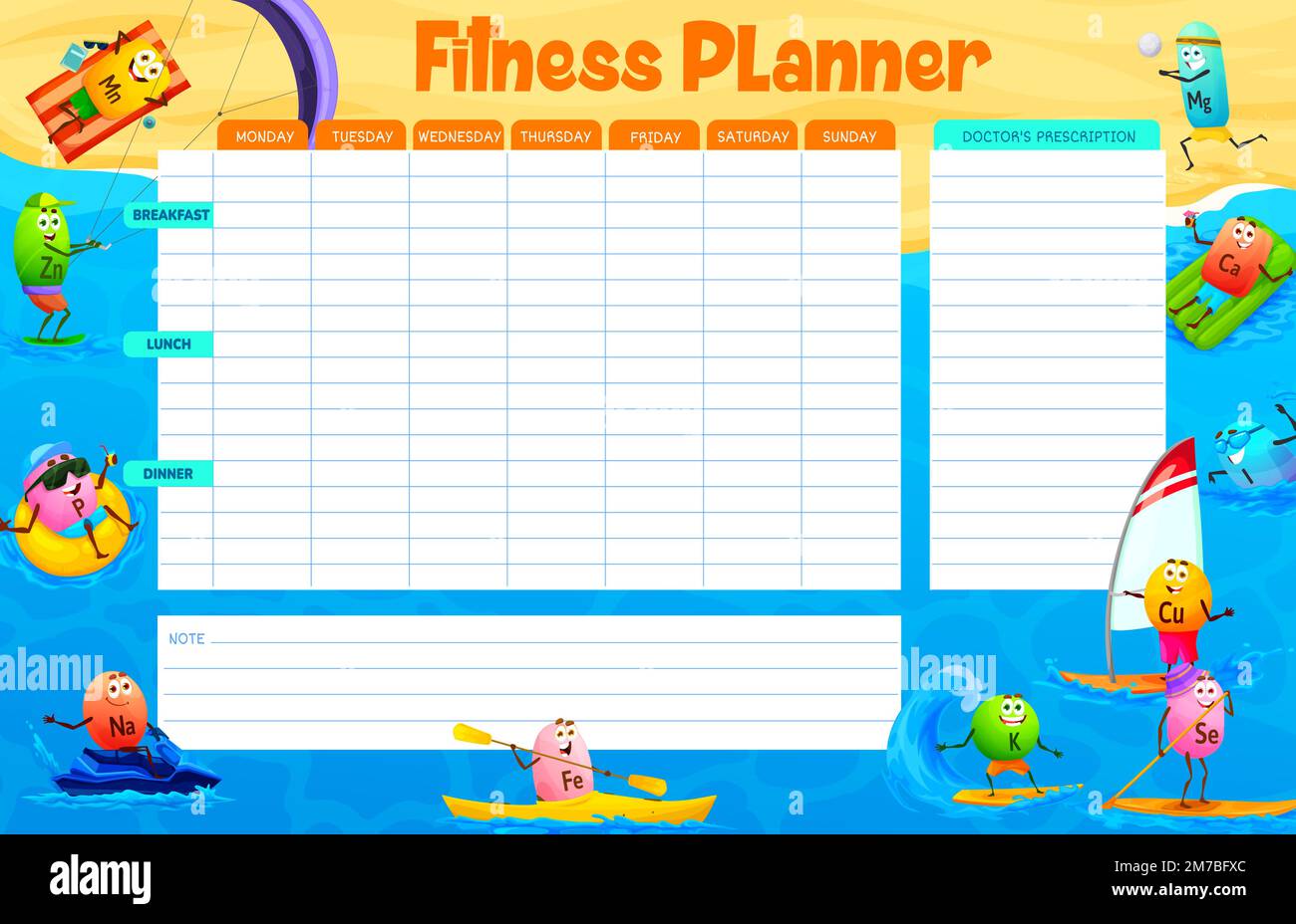Weekly fitness planner, cartoon vitamin and mineral characters on beach ...