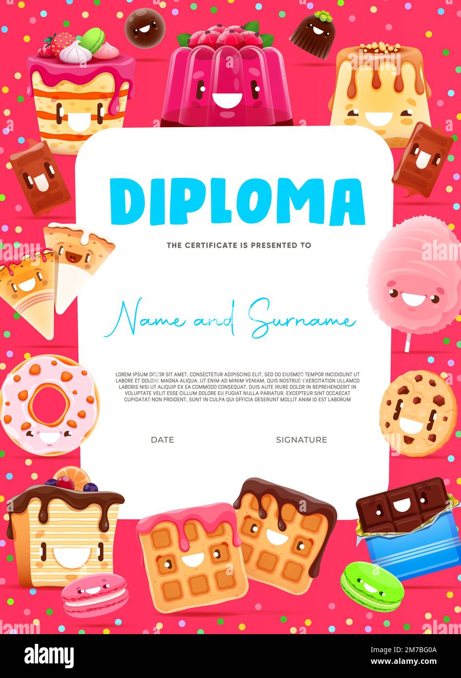 Kids diploma cartoon funny bakery and dessert characters. Vector award ...
