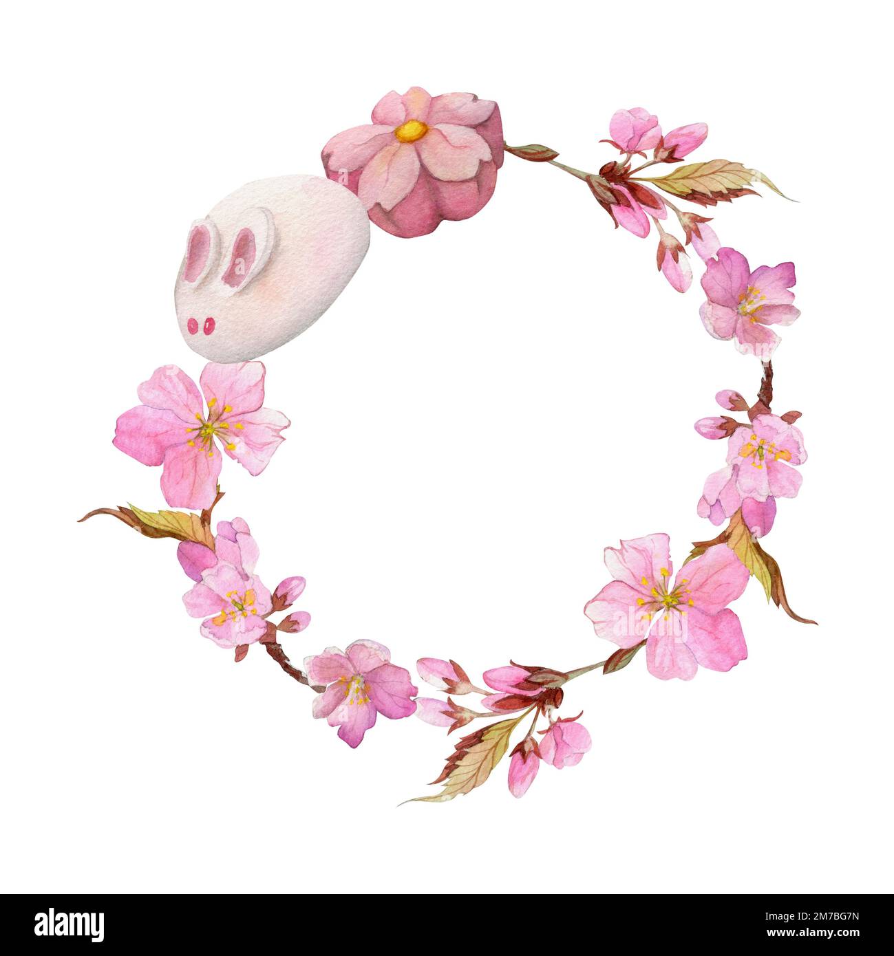 Watercolor hand drawn traditional Japanese sweets. Circle wreath of ...