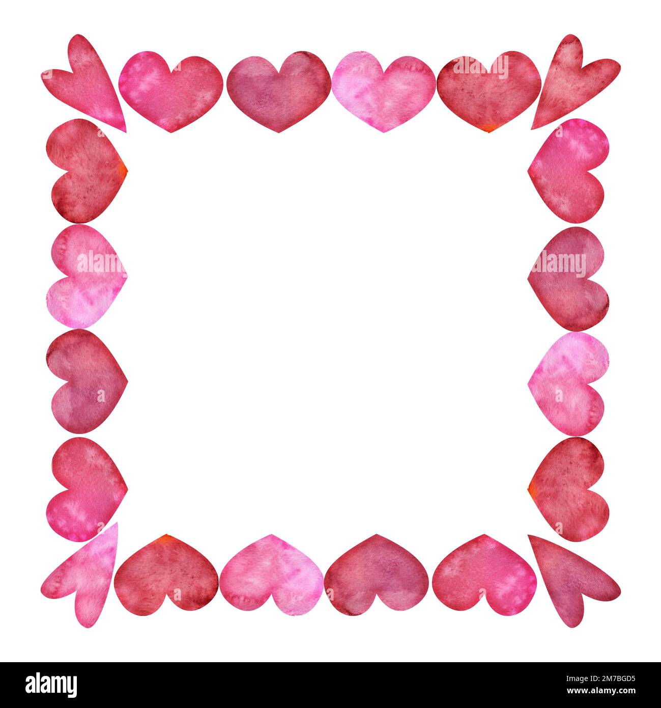 Watercolor hand drawn square frame of red, pink and purple hearts for ...