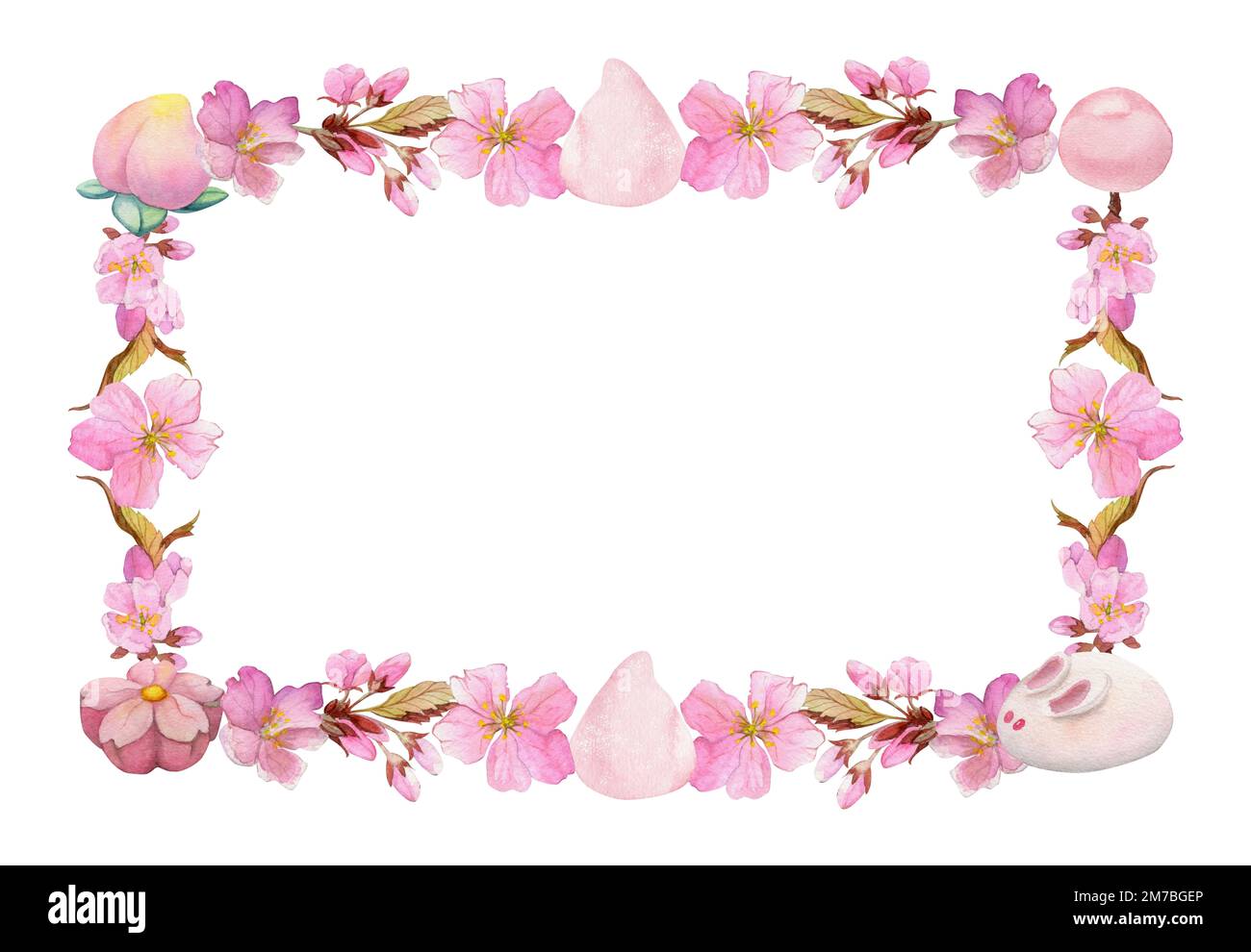 Watercolor hand drawn traditional Japanese sweets. Square frame of ...