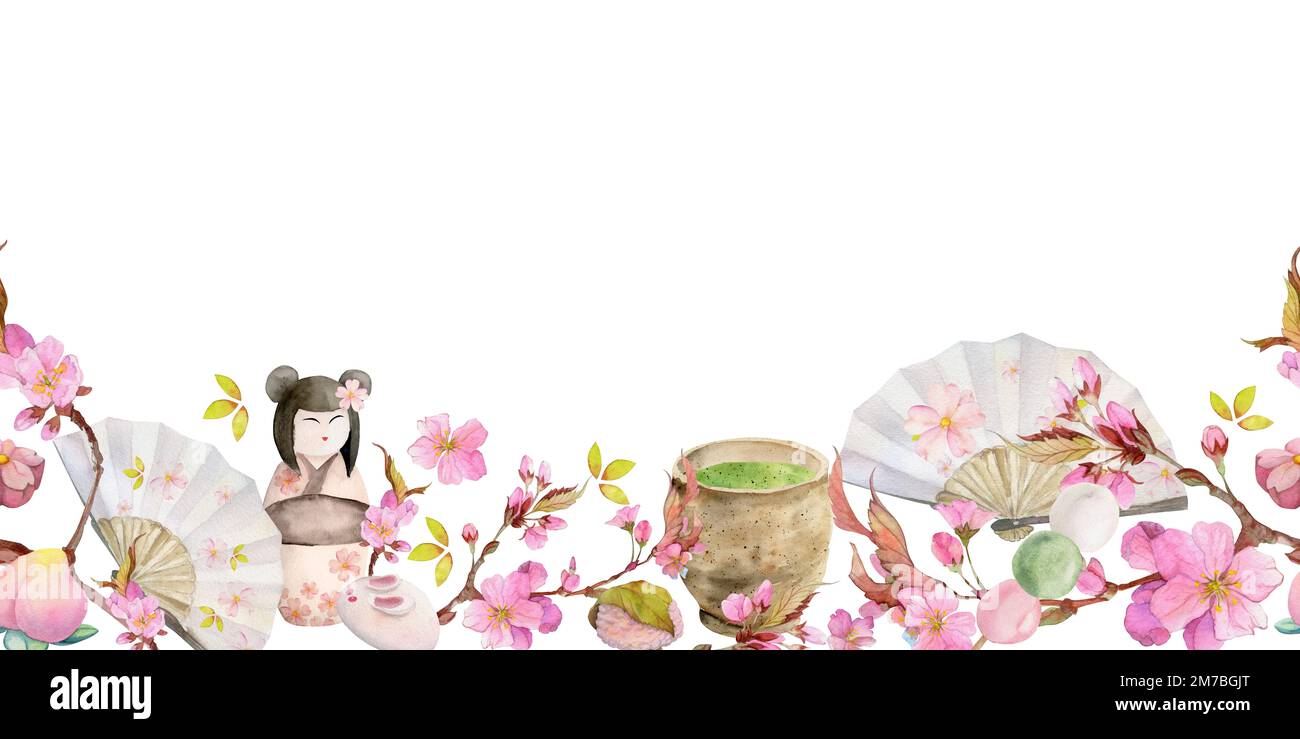 Watercolor hand drawn traditional Japanese sweets Wide seamless border ...