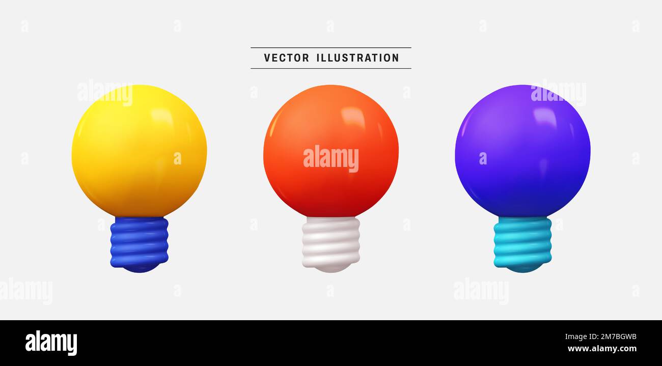 Colorful light bulb 3d icon set. realistic design elements collection ...